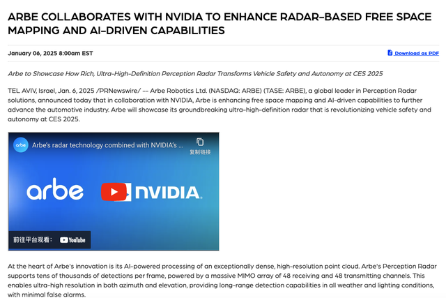 美股市场再现“英伟达魔法” 感知雷达概念股Arbe Robotics股价飙涨|美股_新浪财经_新浪网