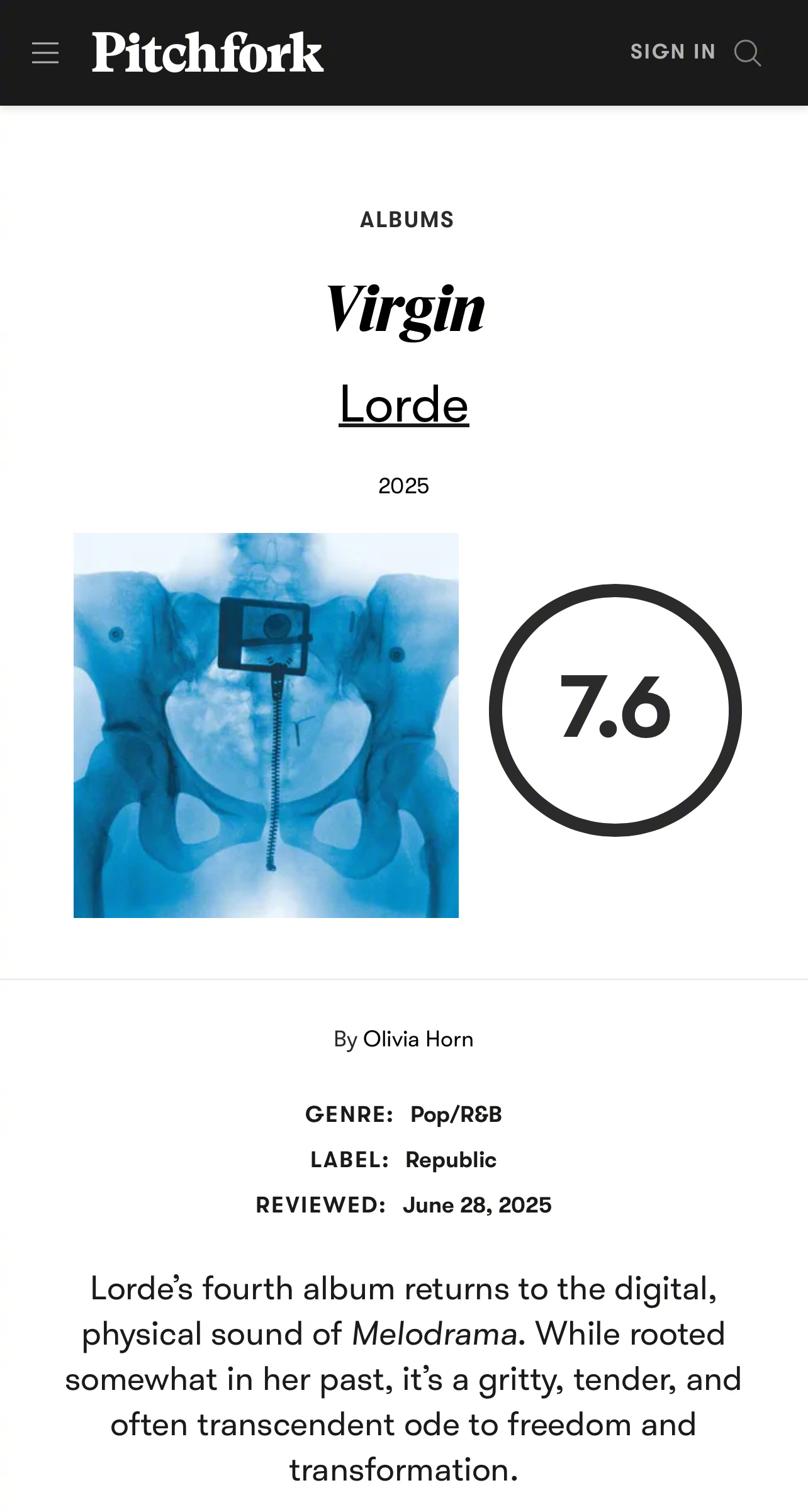 Pitchfork评Lorde新专辑《Virgin》获7.6分，回归数字化风格|Virgin|新专辑_新浪新闻