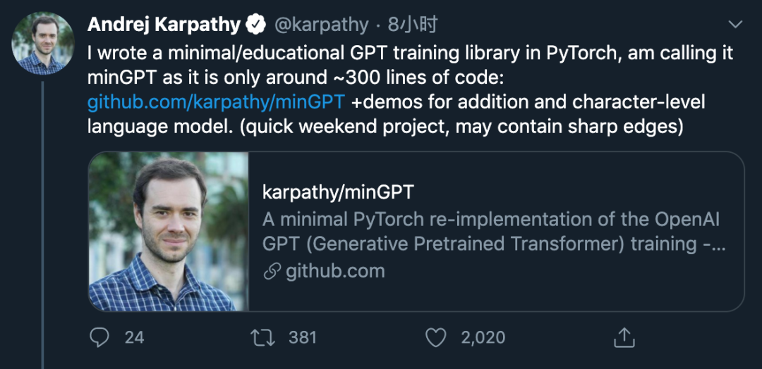 一天star量破千，300行代码，特斯拉AI总监Karpathy写了个GPT的Pytorch训练库_新浪科技_新浪网