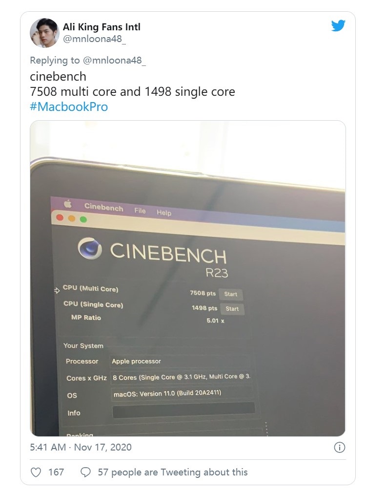 苹果 M1 MacBook Pro 在 Cinebench 基准测试中获得 7508 分的高分|芯片|性能|苹果_新浪科技_新浪网