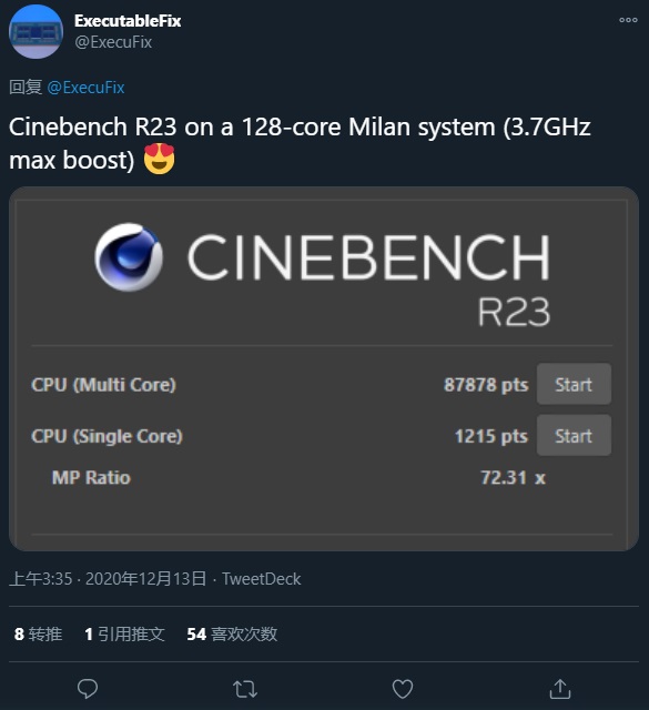 128 核 AMD 米兰 Cinebench R23 成绩：比前代快 25％|EPYC|处理器|米兰_新浪科技_新浪网