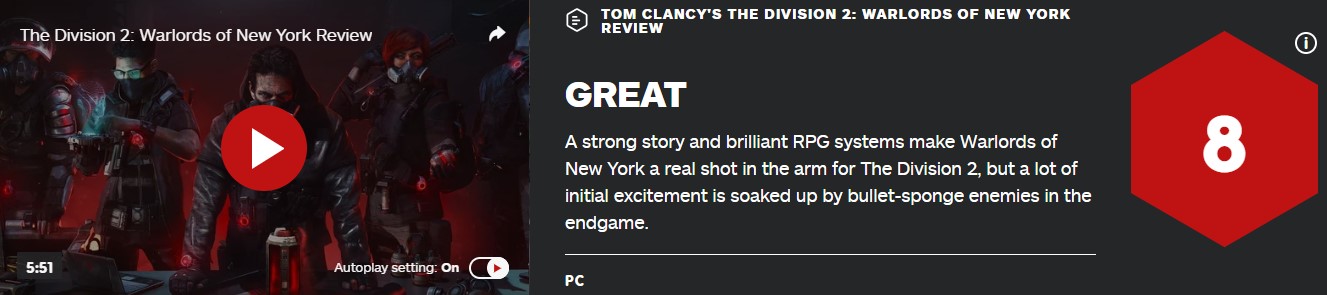 《全境封锁2》资料篇“纽约军阀”IGN8分 M站均分79_新浪游戏_手机新浪网