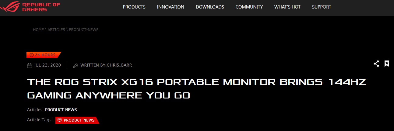 华硕发布 Rog Strix XG16 便携式显示器：144Hz 刷新率，年底上市|华硕|ROG|144Hz_新浪科技_新浪网