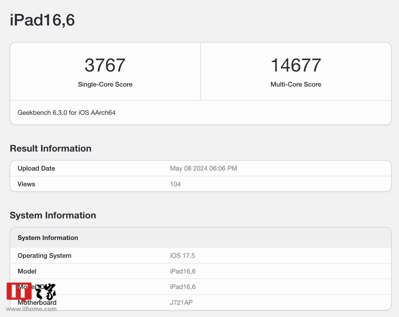 苹果 M4 款 iPad Pro 跑分出炉：Geekbench 6 单核 3767 分，多核 14677 分|苹果|ipad pro|内存 ...