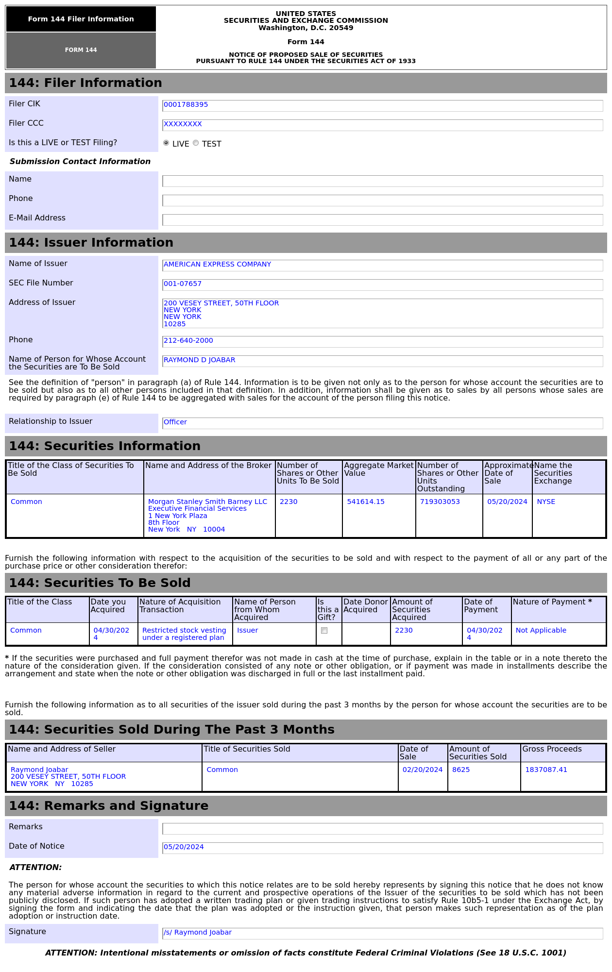 Form 144 | 美国运通(AXP.US)高管拟出售2,230股股份，价值约54.16万美元|美元_新浪财经_新浪网