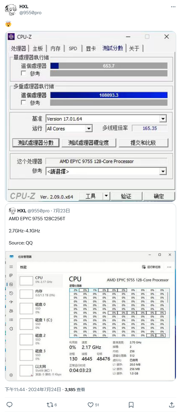 多核破 10 万，AMD EPYC 9755 处理器 CPU-Z 跑分曝光：比 EPYC 9654 快 14%|EPYC|IT之家|cpu-z ...
