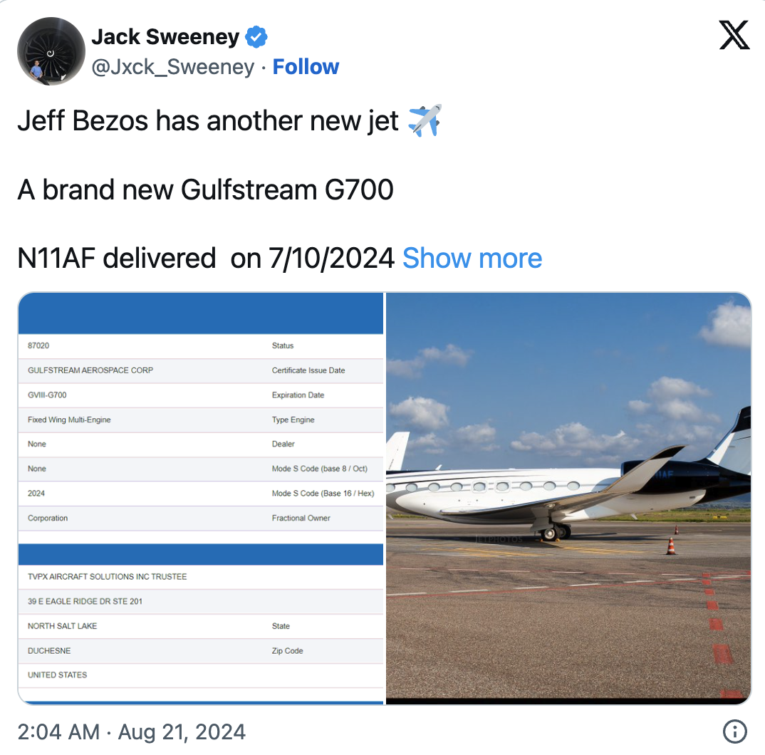 贝佐斯5.7亿买下第四架私人飞机 马斯克也看上了|贝索斯_新浪财经_新浪网