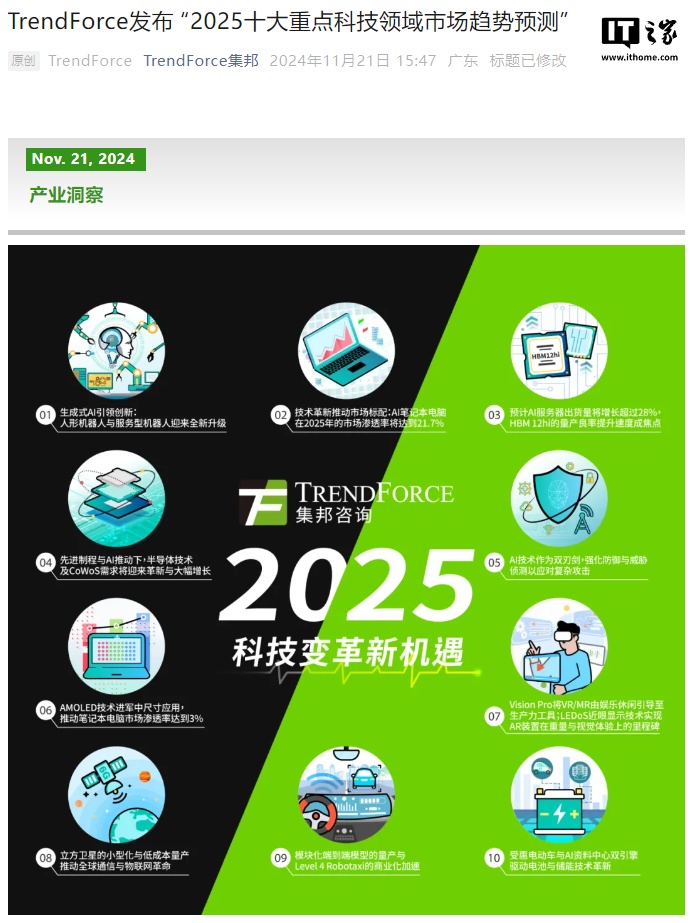 TrendForce 发布 “2025 十大重点科技领域市场趋势预测”，人形化与服务型机器人迎来全新升级_新浪科技_新浪网