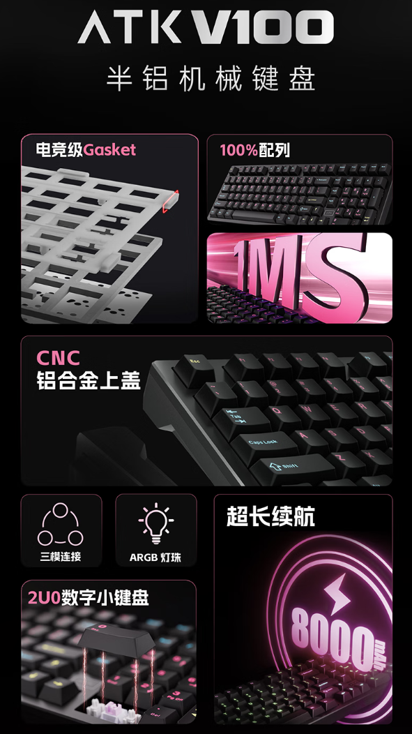 艾泰克 ATK V100 系列半铝电竞机械键盘发布：Gasket 结构、101 键配列，首发 249 元起|电竞|机械键盘|V100_新浪科技_新浪网