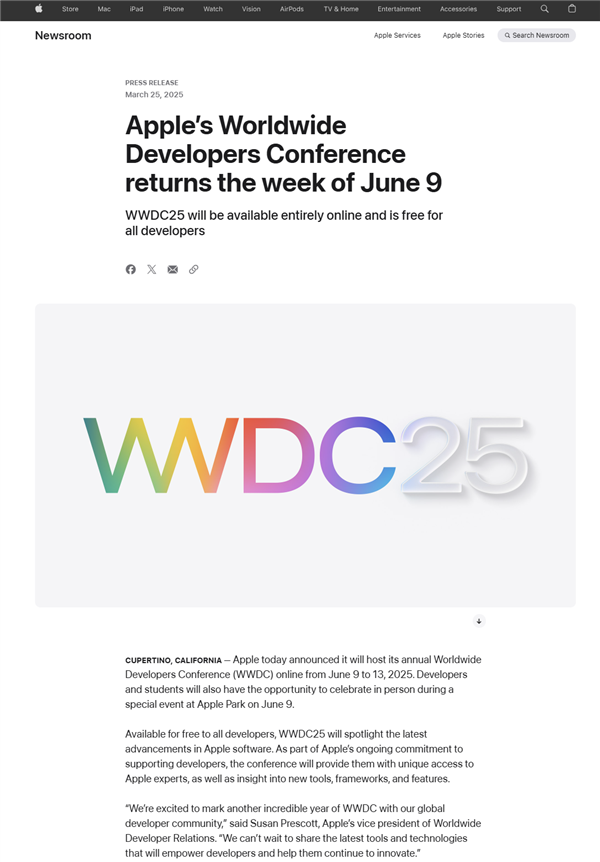 苹果官宣“WWDC25”：6月9日拉开帷幕 重点介绍软件最新进展|苹果|开发者|主题演讲_新浪科技_新浪网