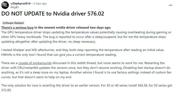 NVIDIA 576.02驱动一堆新Bug 显卡温度异常：官方紧急修复|NVIDIA_新浪科技_新浪网
