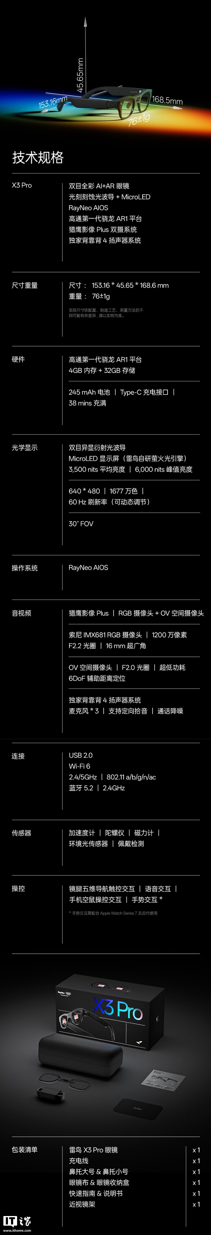 雷鸟 X3 Pro 全彩波导一体式 AR 眼镜发布：骁龙 AR1 平台、苹果手表操控，8999 元起|雷鸟|苹果手表|波导_新浪科技_新浪网