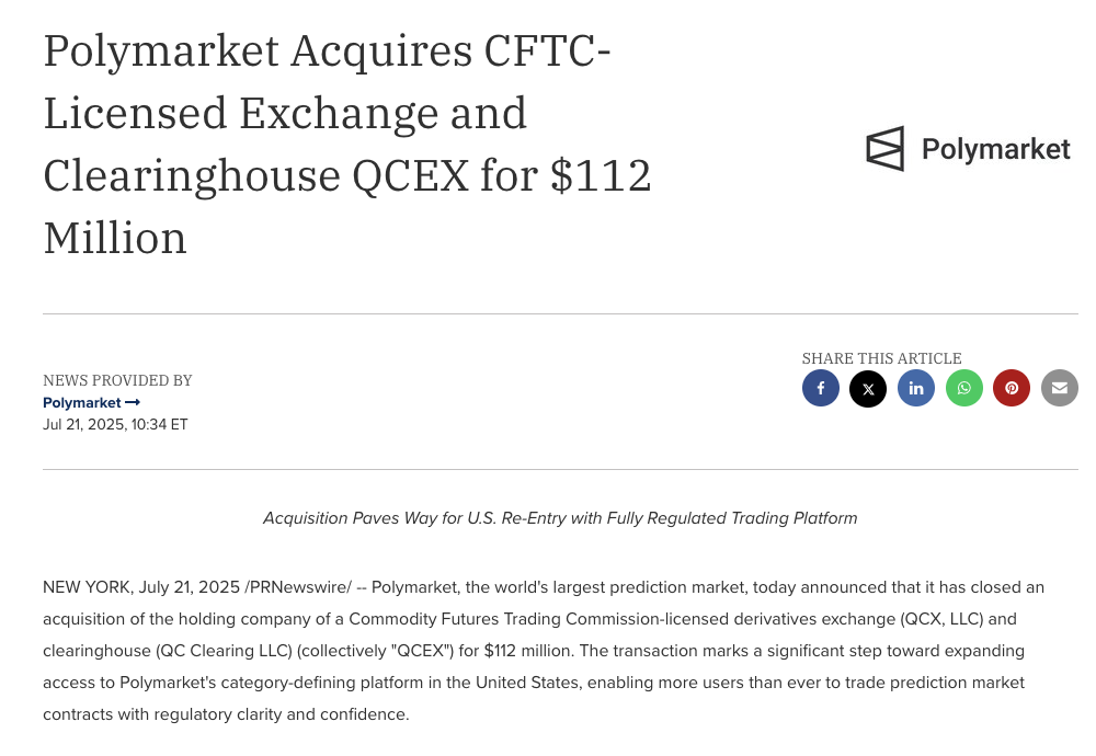 被美国监管轰出国门的币圈预测平台Polymarket 官宣收购牌照“回家”|美元_新浪财经_新浪网