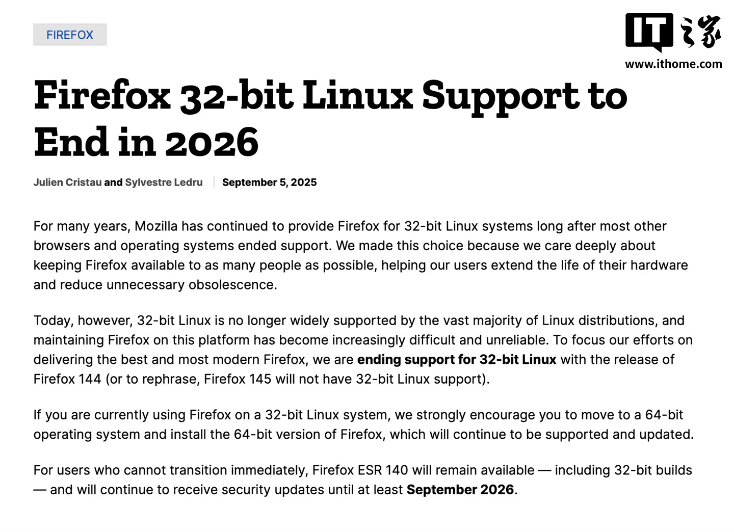 Mozilla：Firefox 火狐浏览器将于 2026 年 9 月停止支持 32 位 Linux 系统|mozilla|linux|firefox_新浪科技_新浪网