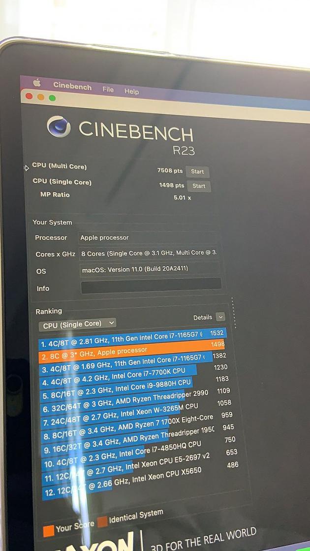 M1芯片的MacBook Pro跑分曝光：Cinebench多核得分7508分_手机新浪网