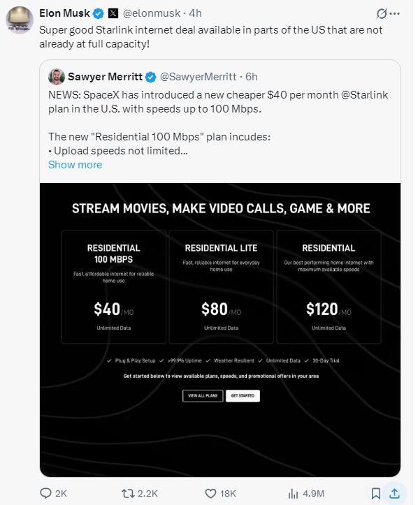 SpaceX在美国推出每月40美元的星链家庭套餐，仅部分地区_7x24小时财经新闻_新浪网