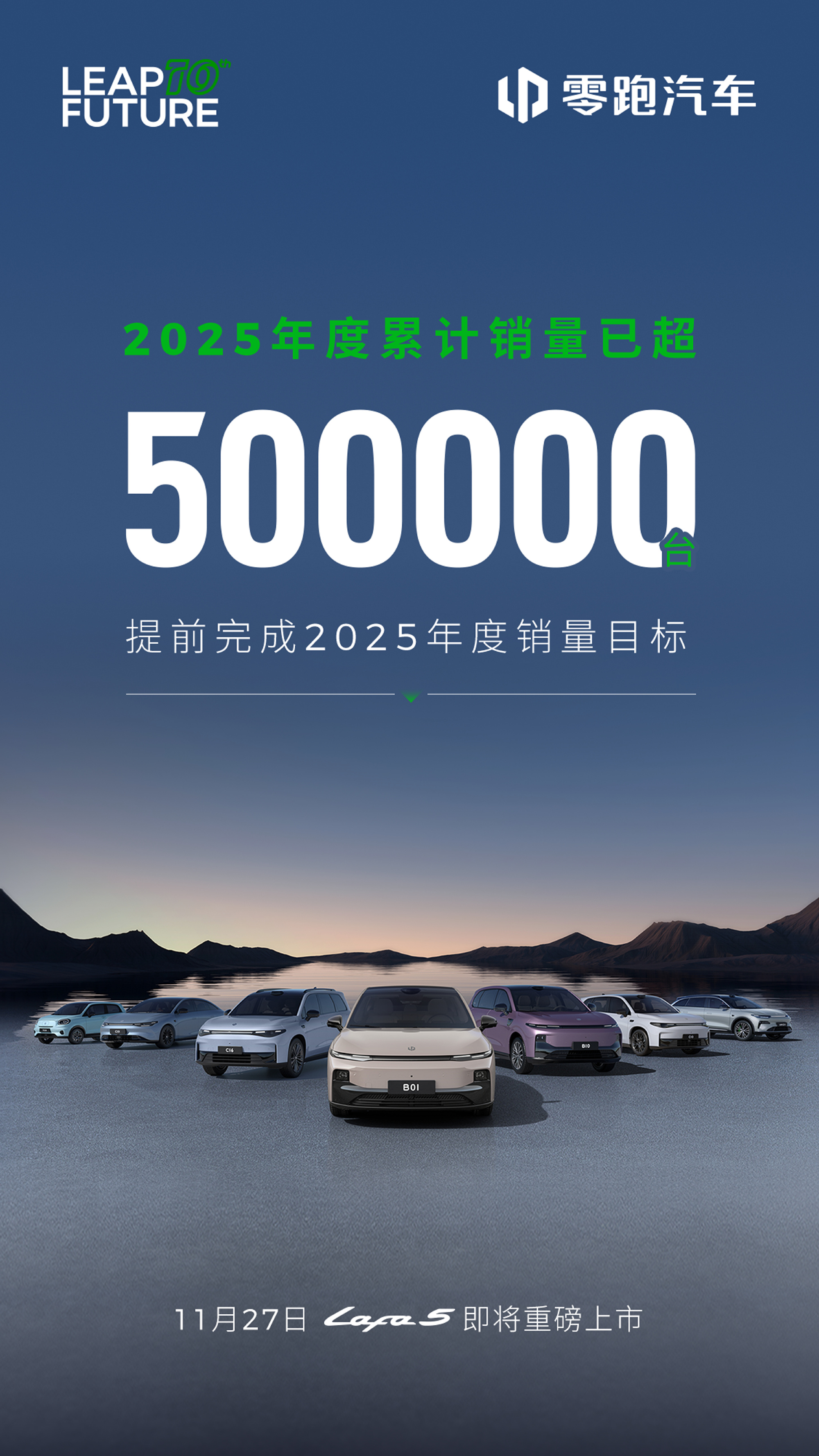 零跑汽车宣布：今年累计销量突破50万台，提前完成2025年度_7x24小时财经新闻_新浪网